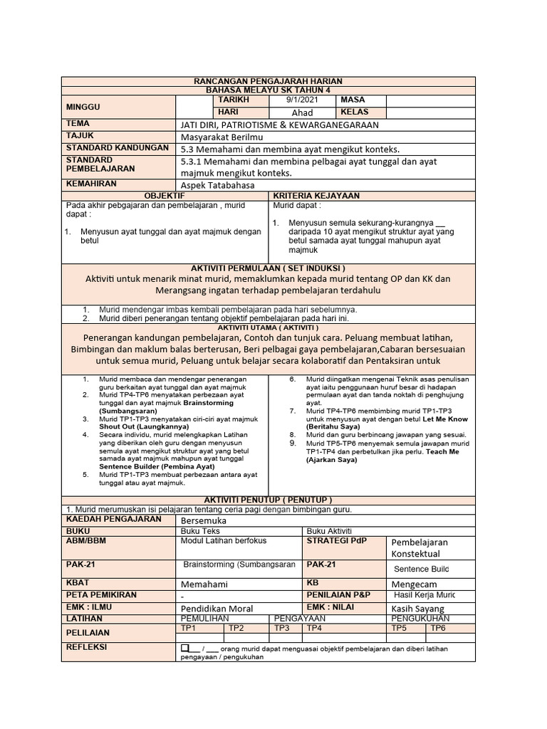RPH BM Tahun 4 Minggu 3 Penggal Ke3 by Cikgu Gorgeous | PDF