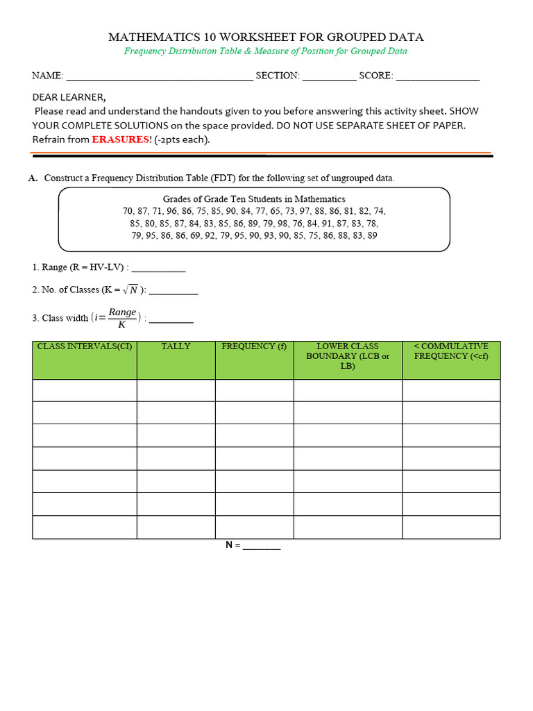 Mathematics 10 Worksheet For Grouped Data | PDF | Teaching Methods & Materials