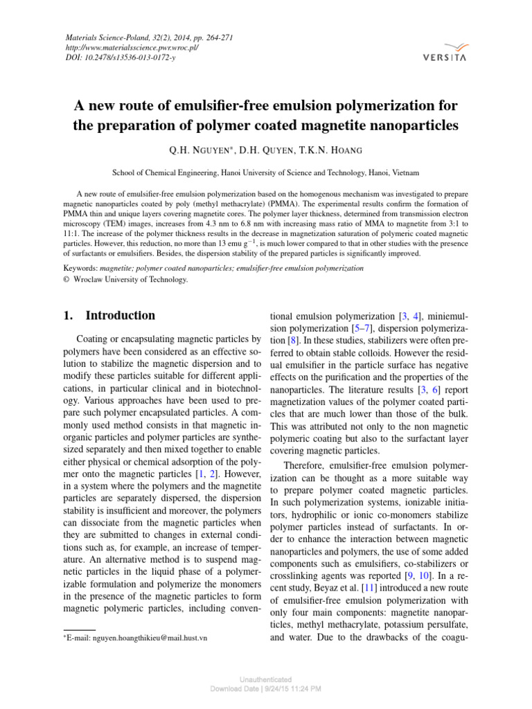 Emulsifier-Free Polymer Coating of Magnetite | PDF | Nanoparticle ...