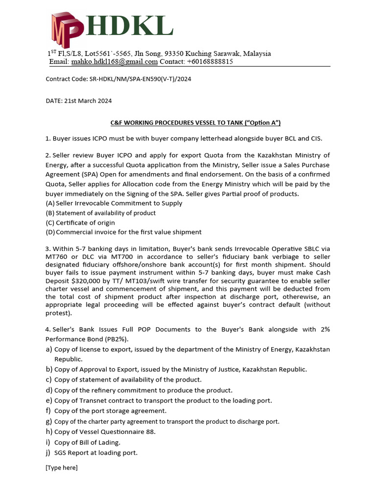 CIF Procedures Vessel To Tank | PDF | Letter Of Credit | Bill Of Lading