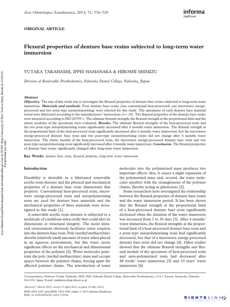 Takahashi2012 Flexural Properties of Denture Base Resins Subjected To Long-Term Water | PDF ...