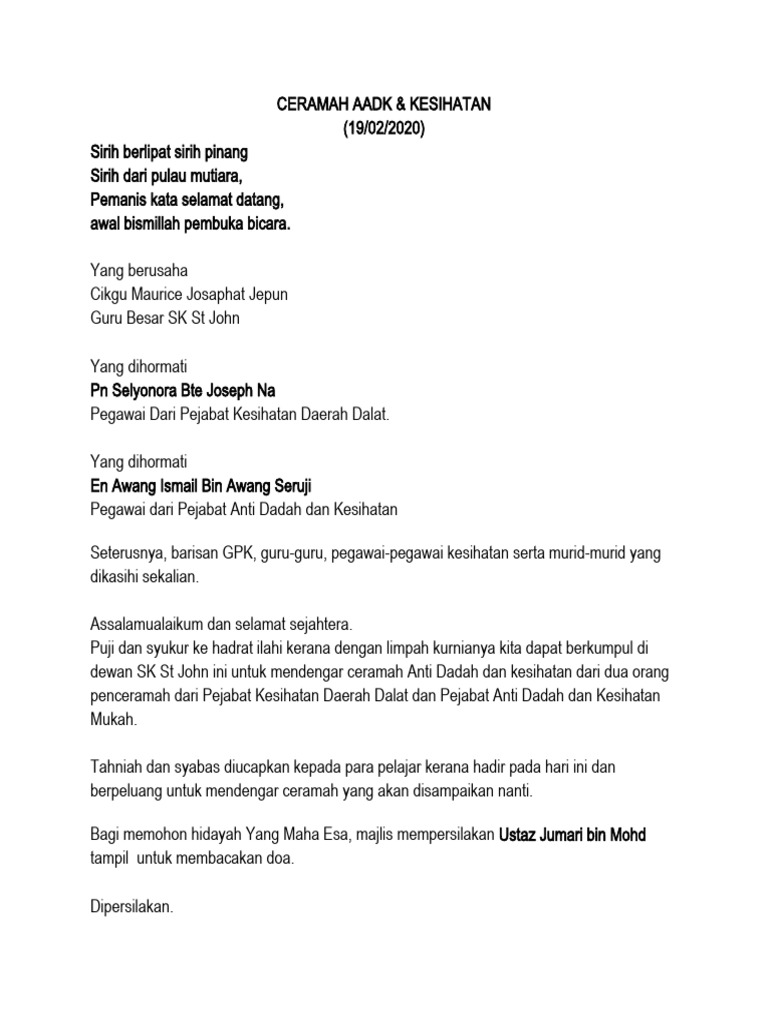 Skrip Emcee Ceramah AADK 2020 | PDF