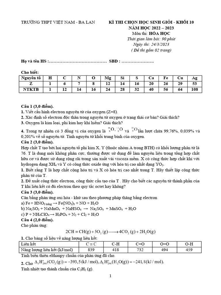 ĐỀ HSG HÓA 10 2022 2023 Thuy VB | PDF