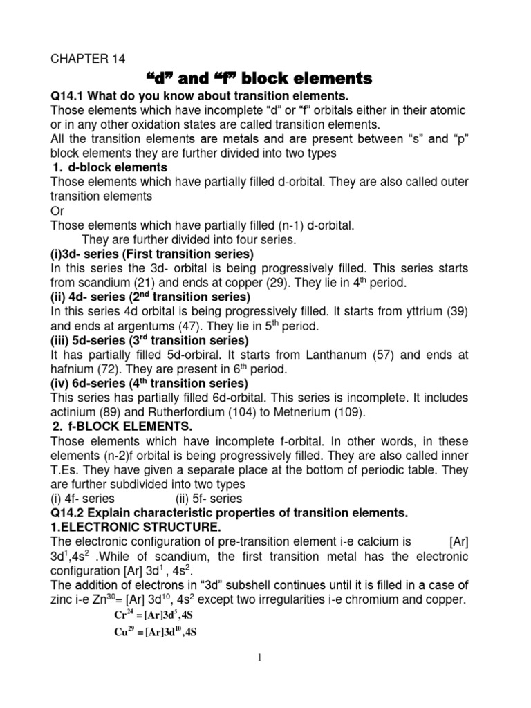 “d” and “f” block elements | PDF | Transition Metals | Coordination Complex