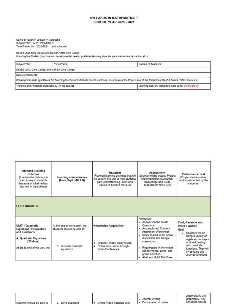 Syllabus For Grade 9 Mathematics | PDF | Trigonometric Functions | Quadratic Equation