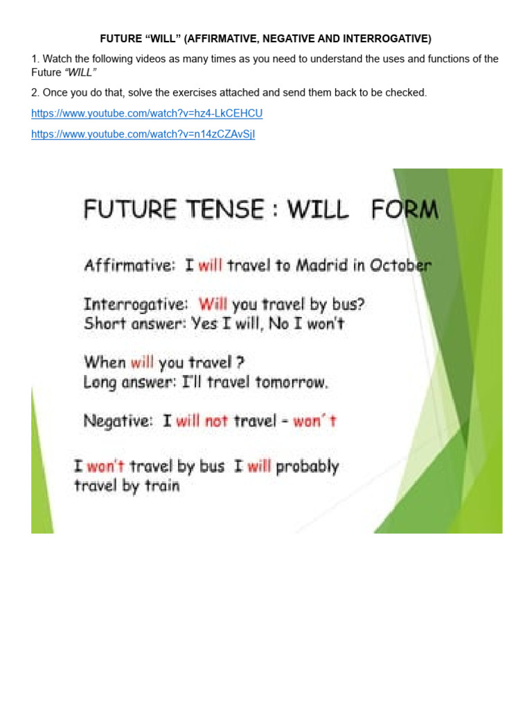 Future "Will" (Affirmative, Negative and Interrogative) | PDF | Self ...