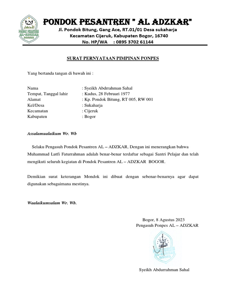 SURAT KETERANGAN PONDOK | PDF