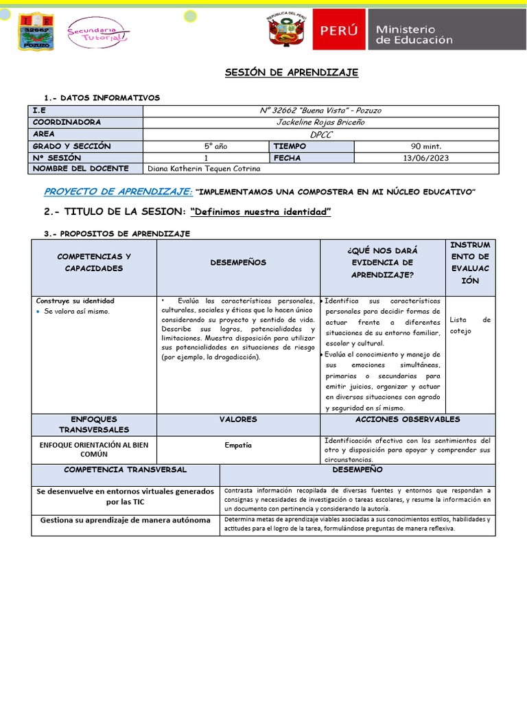 Sesión #1 - Definimos Nuestra Identidad - DPCC - 5to Año Sec | PDF ... Sesión #1 - Definimos Nuestra Identidad - DPCC - 5to Año Sec | PDF ...