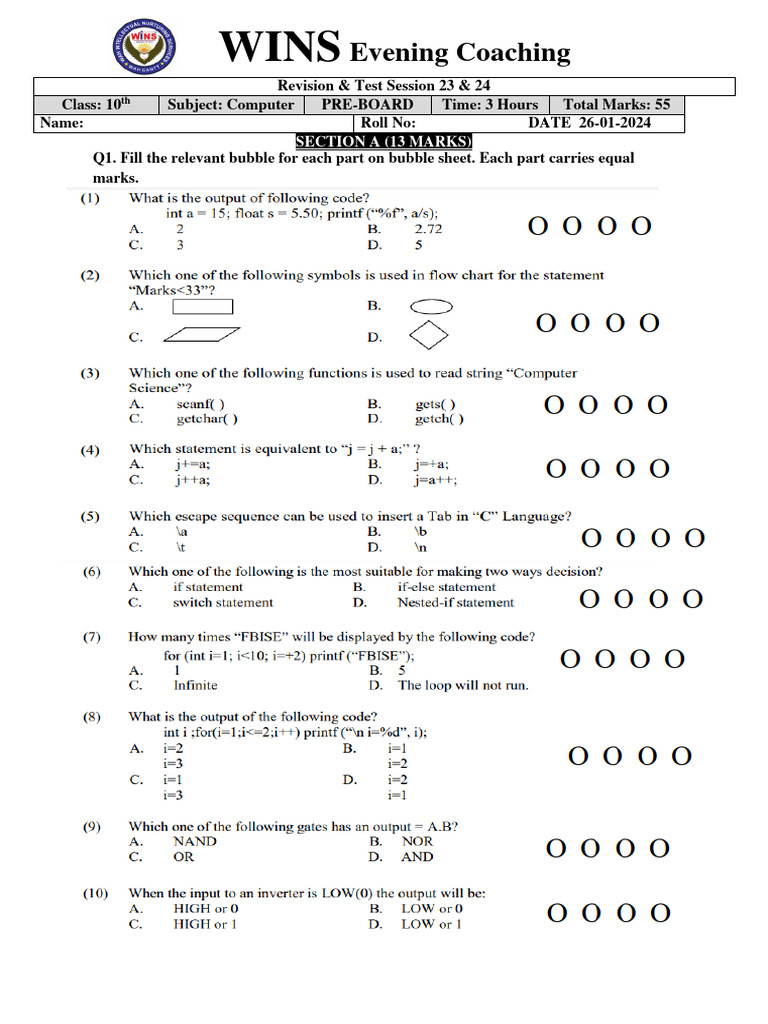 Pre Board 10 | PDF | Control Flow | Computer Programming