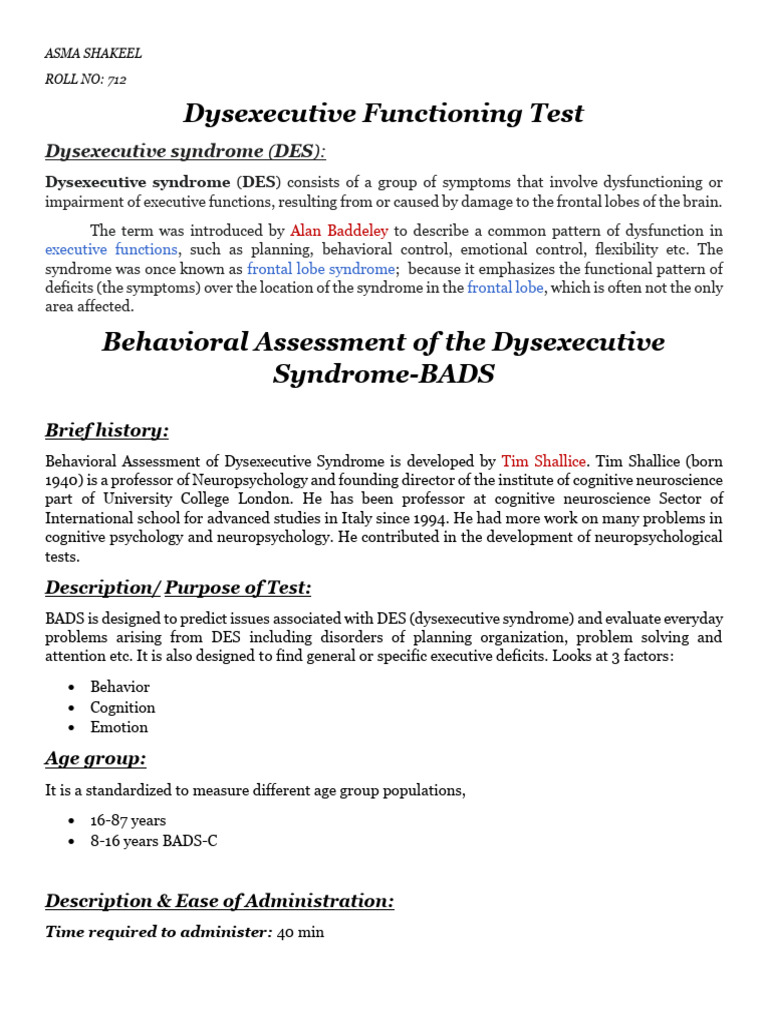Dysexecutive Functioning Test | PDF | Neuroscience | Cognitive Science