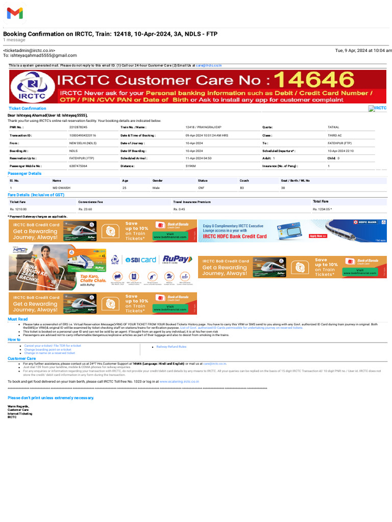 Gmail - Booking Confirmation On IRCTC, Train - 12418, 10-Apr-2024, 3A ...
