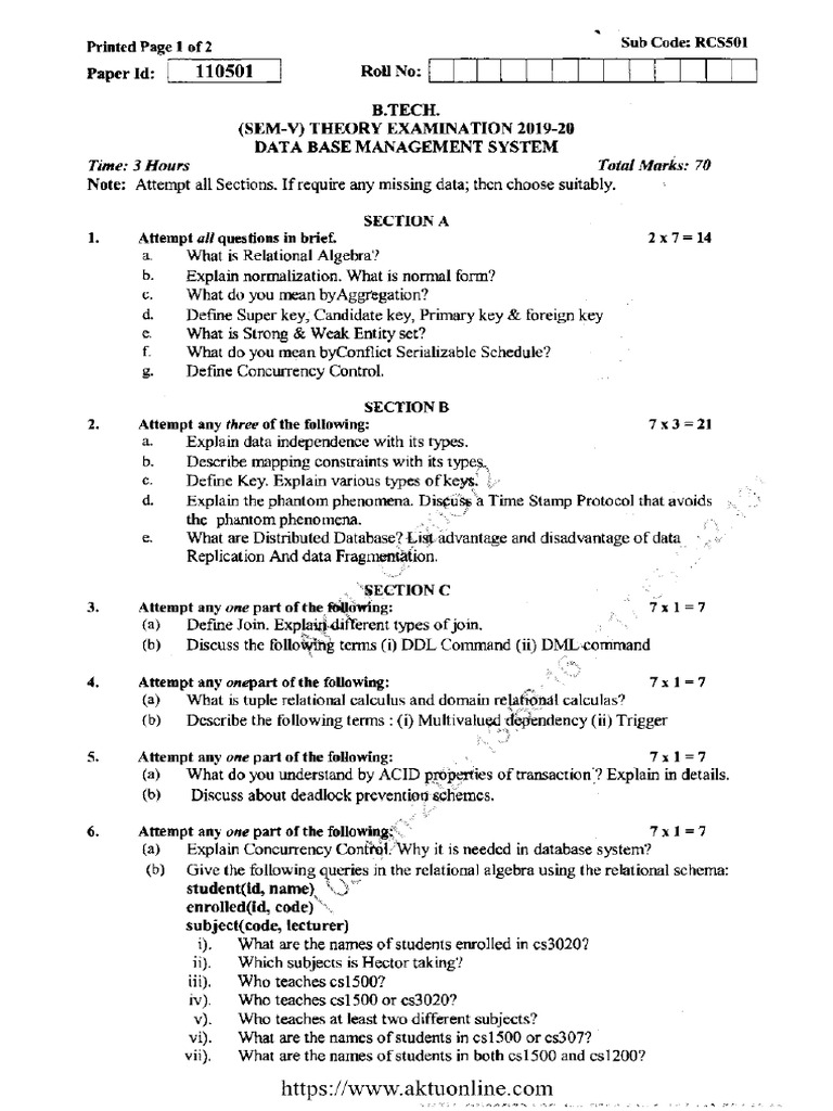 Btech Cs 5 Sem Data Base Management System Rcs501 2020 | PDF