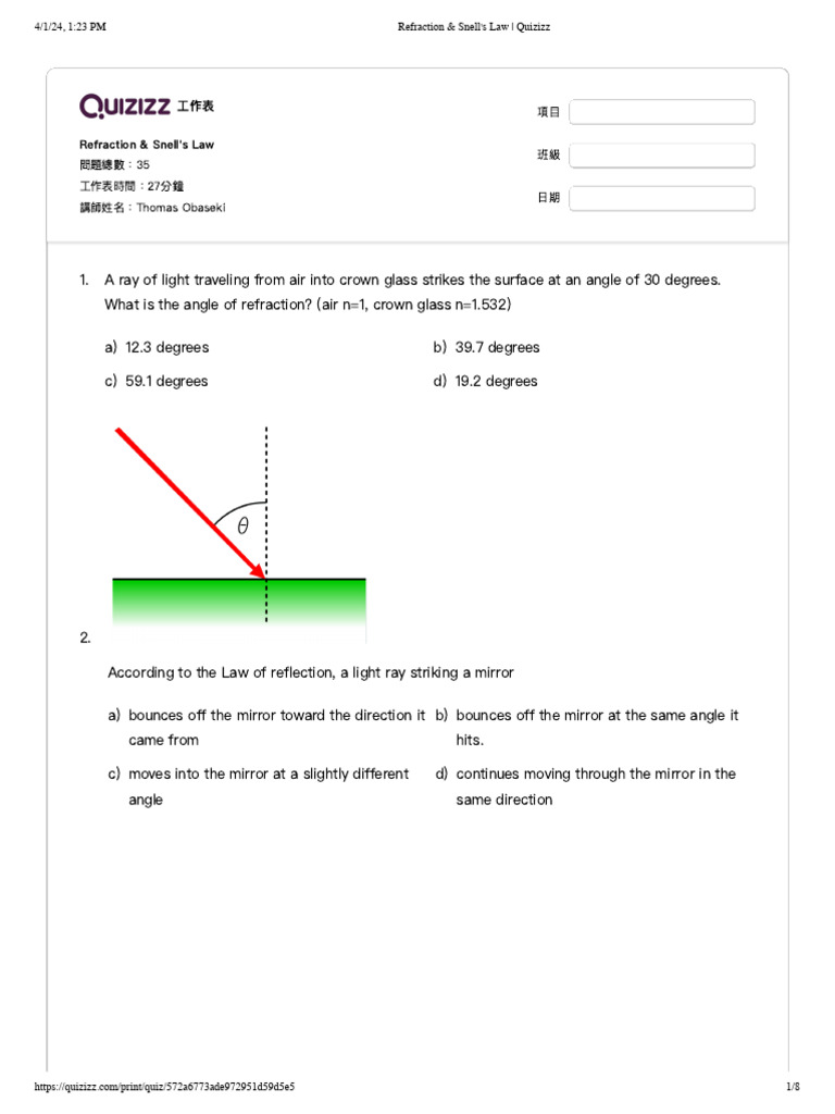 Refraction & Snell's Law - Quizizz | Download Free PDF | Refraction ...