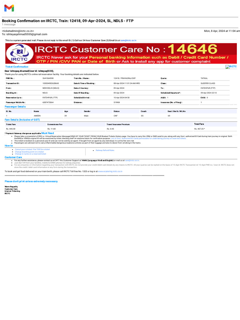IRCTC Train Booking Confirmation | PDF | Service Industries