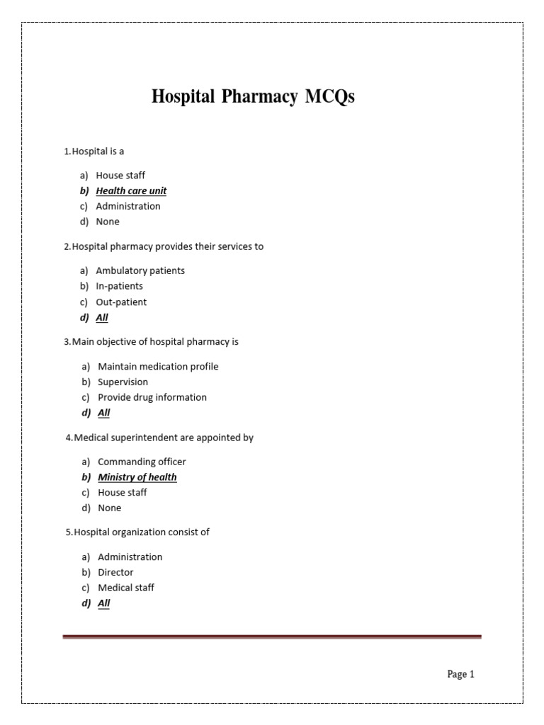 Hospital Pharmacy MCQs for PharmacyTechnician | PDF | Pharmacy | Medical Prescription