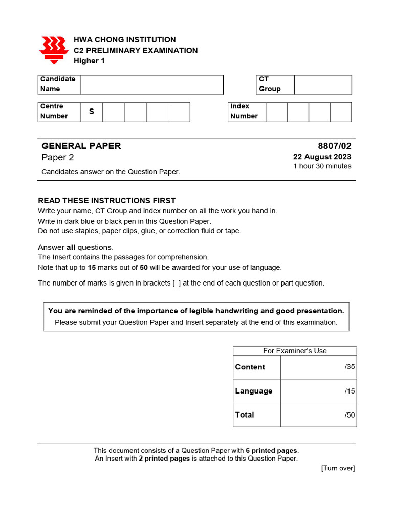 HCI 2023 Prelim P2 Question Paper | PDF