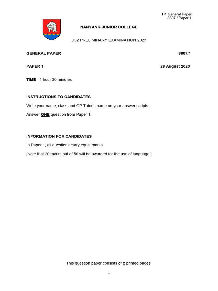 H1 General Paper Exam Questions 2023 | PDF | Science & Mathematics