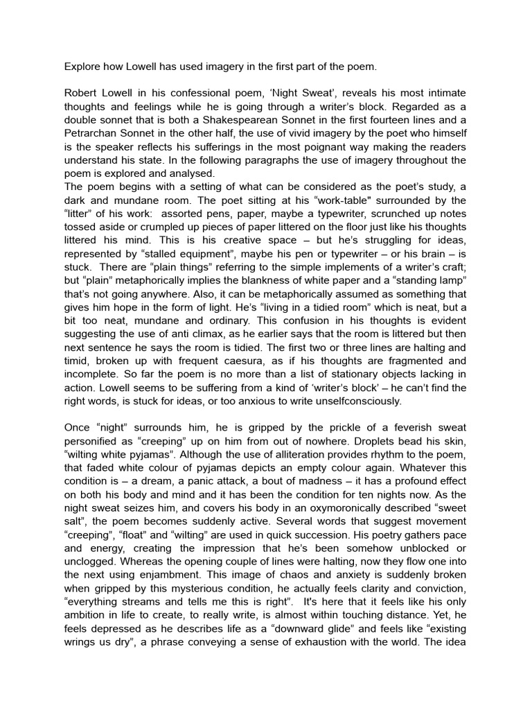 Imagery in Lowell's 'Night Sweat' Analysis | PDF | Poetry