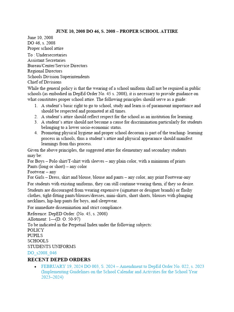 June 10, 2008 Do 46, S. 2008 - Proper School Attire: Recent Deped ...
