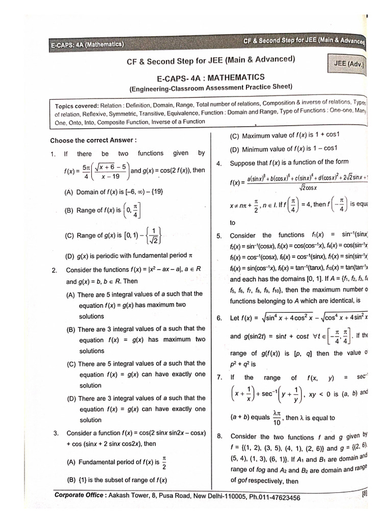 JEE Math: Relations & Functions Quiz | PDF | Function (Mathematics) | Algebra