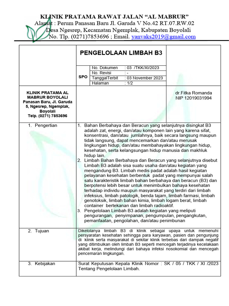 Sop Pengolahan Limbah B3 | PDF | Sains & Matematika
