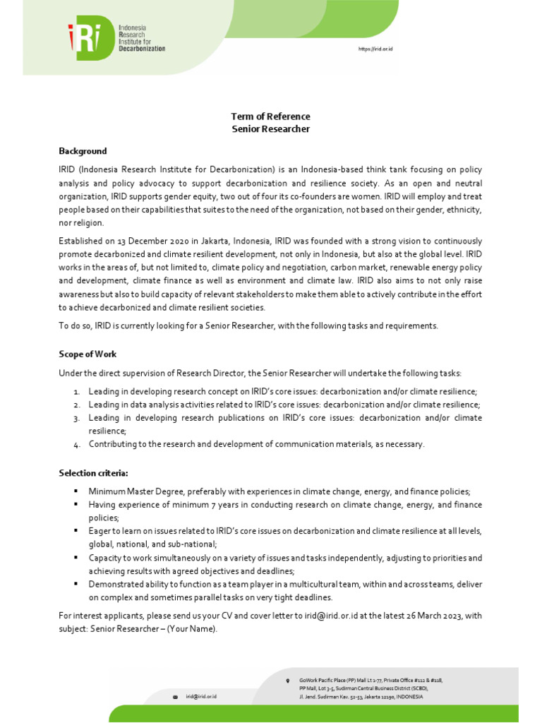 ToR Senior Researcher - IRID | PDF | Climate Change Mitigation ...