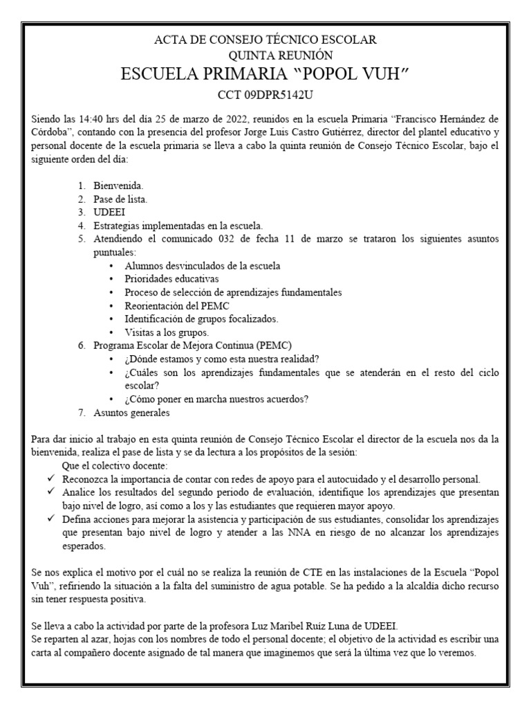 Acta de Consejo Técnico Escolar | PDF | Maestros | Educación primaria