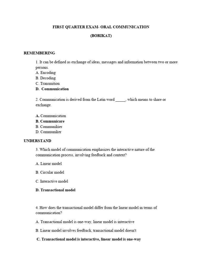 FIRST QUARTER EXAM SAMPLE | PDF | Communication | Psychological Concepts