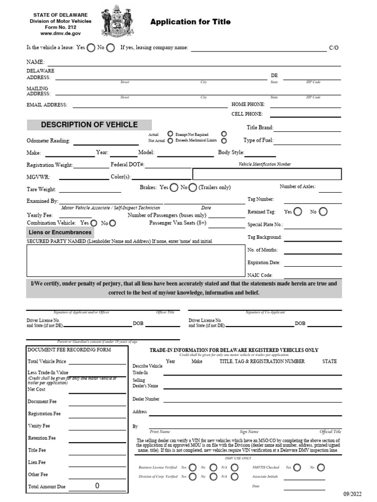 Delaware - Applicatio for Title mv212_application_for_title | PDF ...