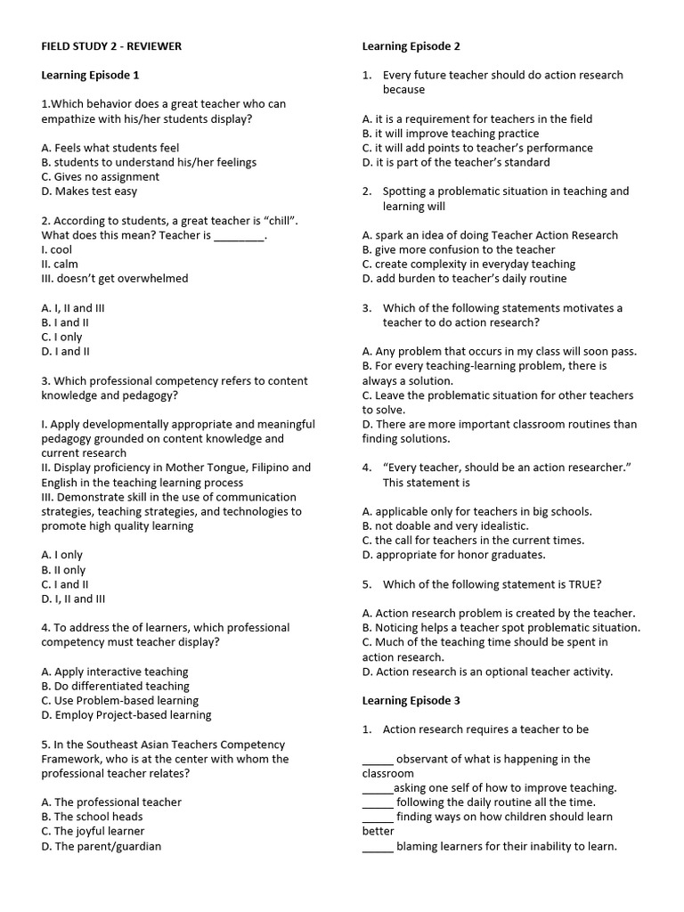 Reviewer For Field Study 2 | PDF | Learning | Teachers