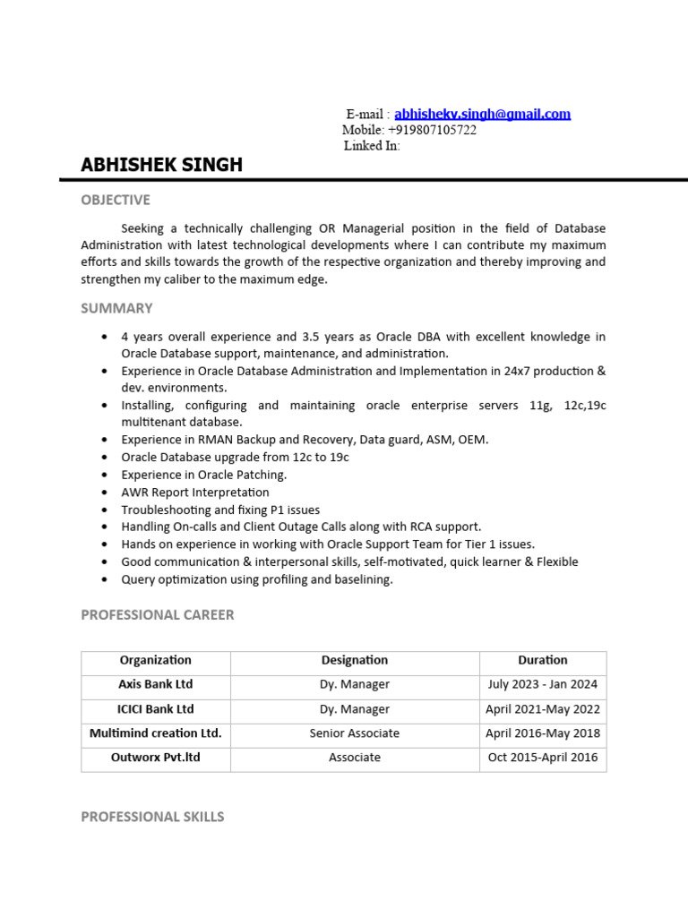 Sample Resume Oracledba Download Free Pdf Databases Oracle Database