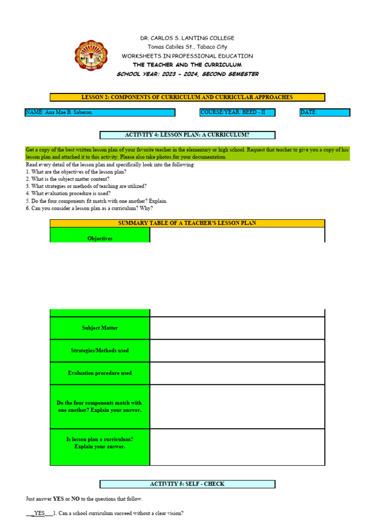 Midterm Worksheets in The Teacher and The Curriculum | PDF | Curriculum | Lesson Plan