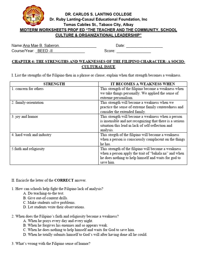Prof Ed 9 Midterm Worksheets in Ttatcscaol | PDF | Violence | Malnutrition