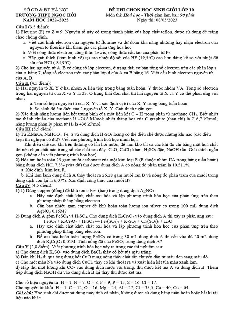 De Va Dap An HSG Hóa10 Ngochoi 2022 23 | PDF