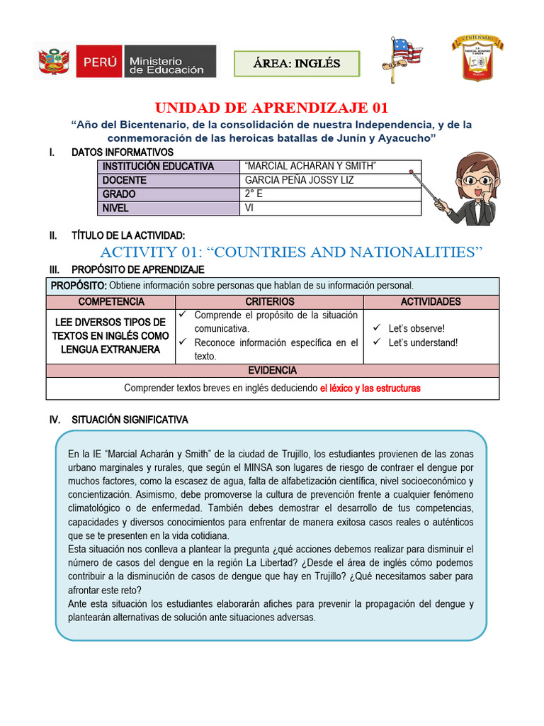 Actividad de Inglés: Países y Nacionalidades | PDF