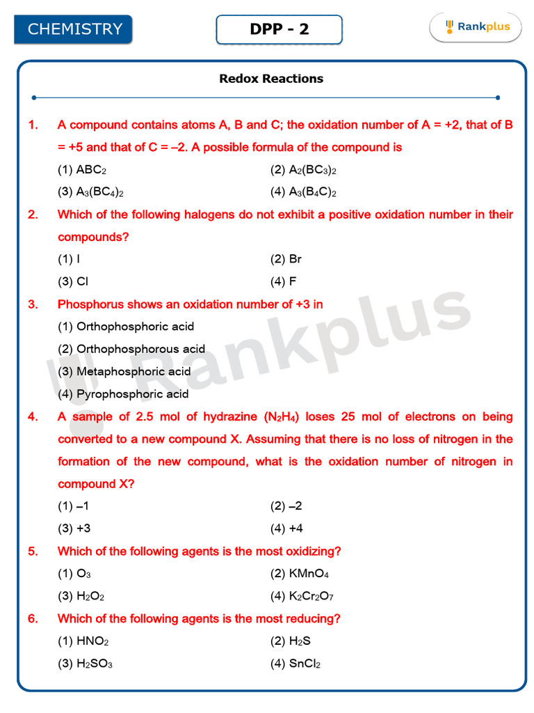Redox Reactions Practice Questions | PDF | Redox | Chemical Compounds