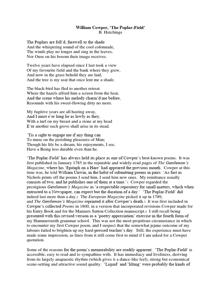 William Cowper The Poplar Field' | PDF | Poetry