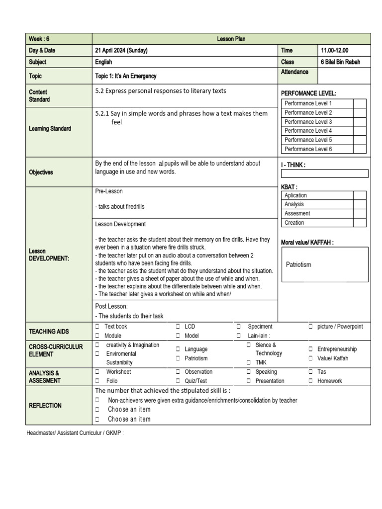 RPH BAHASA INGGERIS TAHUN 6 Week 6 2024 | PDF | Lesson Plan | Educational Assessment