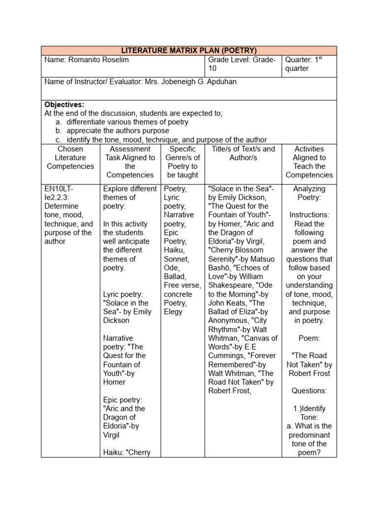 Literature Matrix Plan | PDF | Poetry | Narrative
