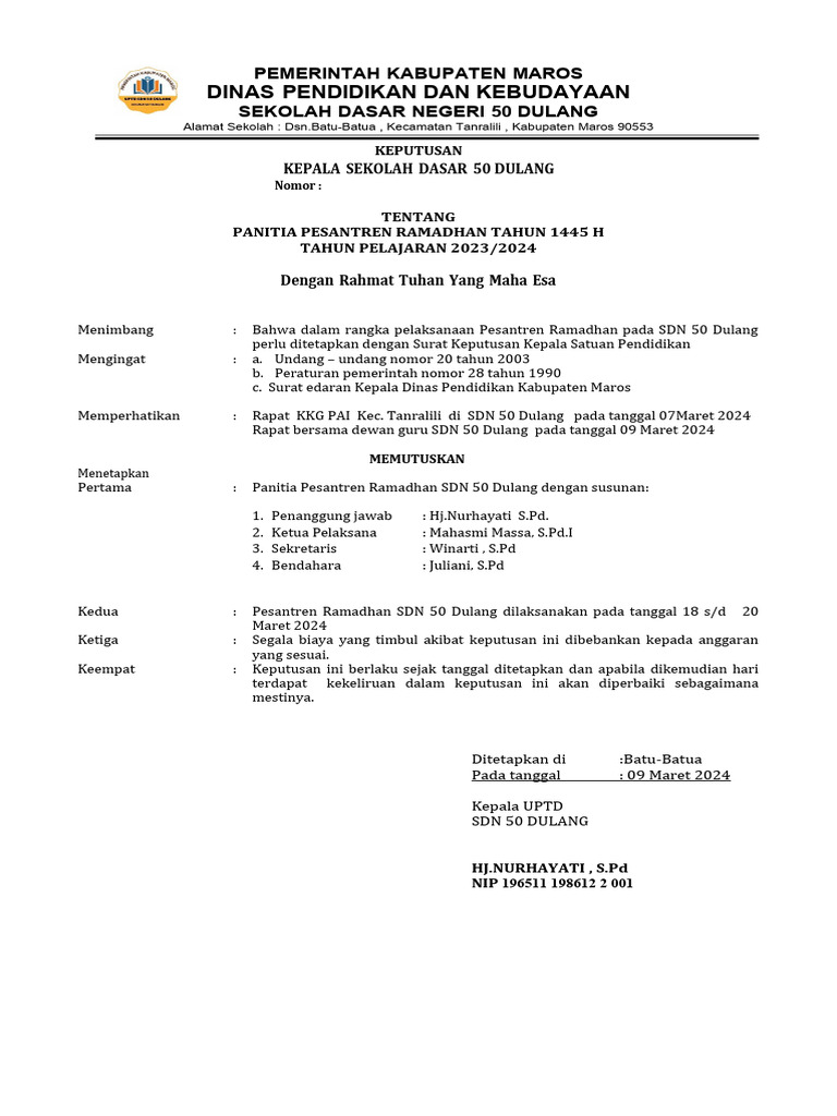 SK PANITIA PESANTREN RAMDHAN 1445 SDN 50 Dulang | PDF