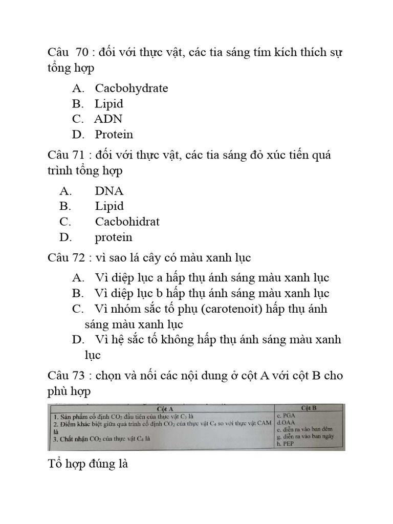Câu 70 Sinh Gi A Kì 1 | PDF