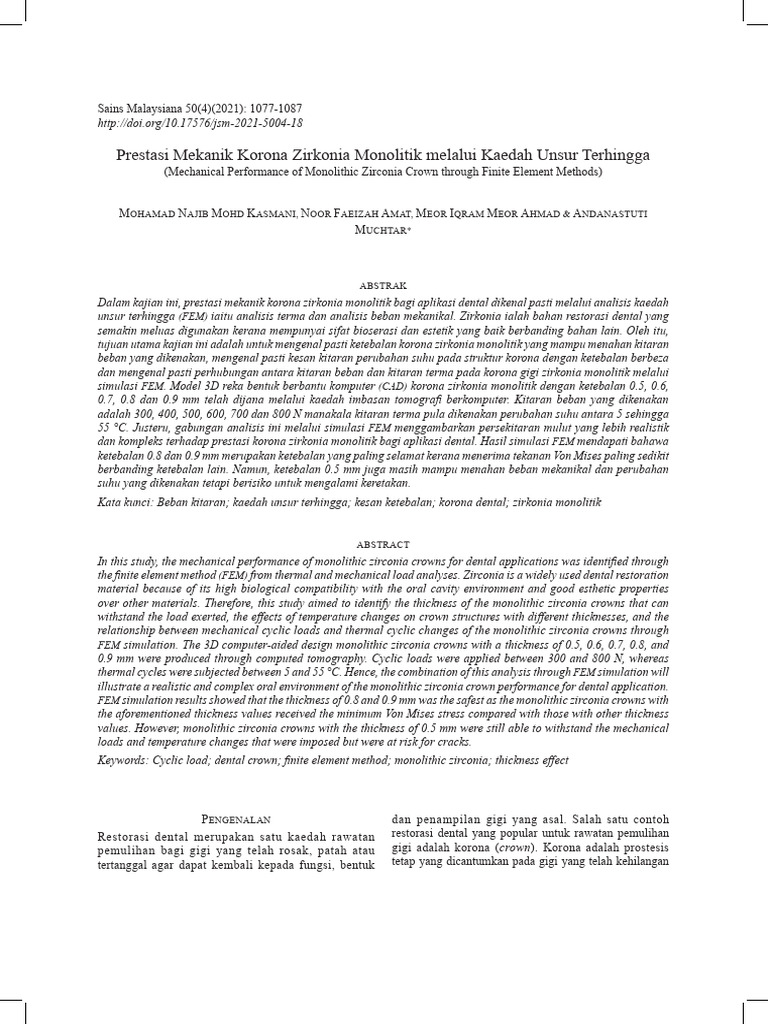 Najib2021 Mechanical Performance of Monolithic Zirconia Crown Through ... Najib2021 Mechanical Performance of Monolithic Zirconia Crown Through ...