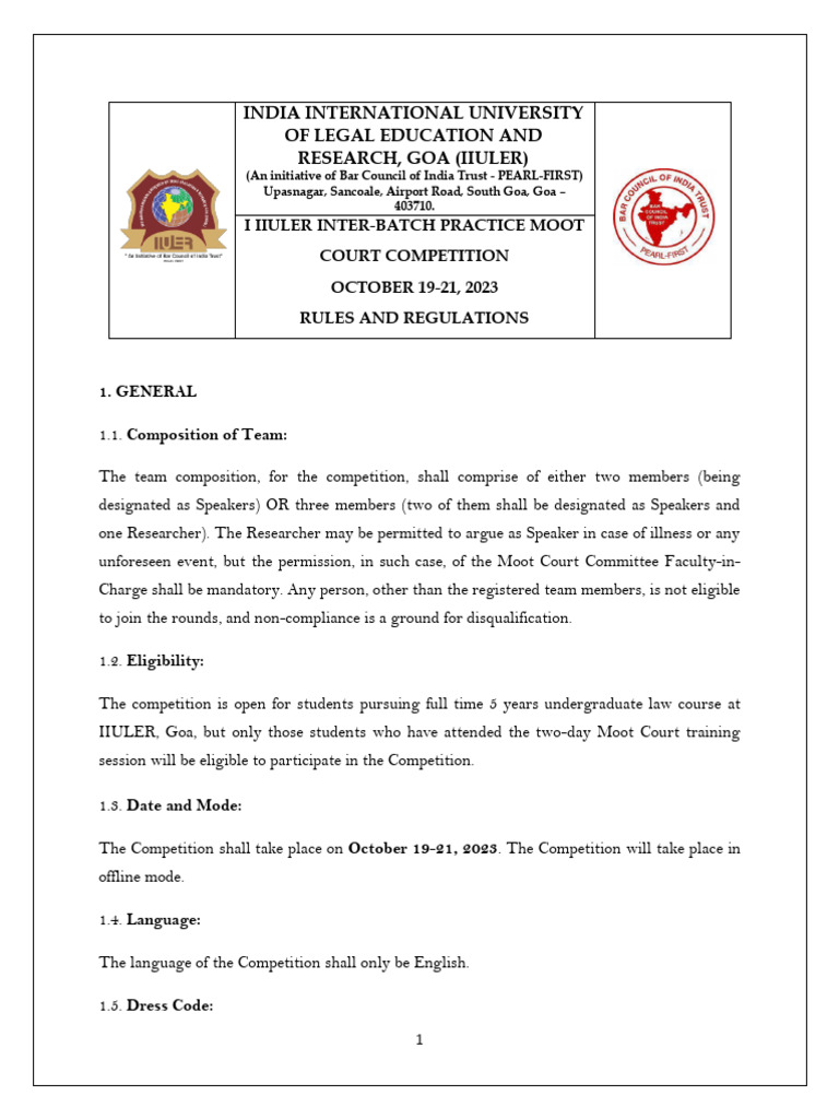 Rules - I IIULER Inter-Batch Practice Moot Court Competition, 2023 | PDF | Citation | Mootness