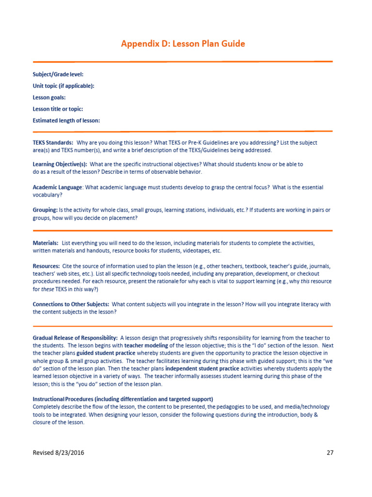 Appendix D Lesson Plan Guide (1) | PDF | Educational Assessment ...