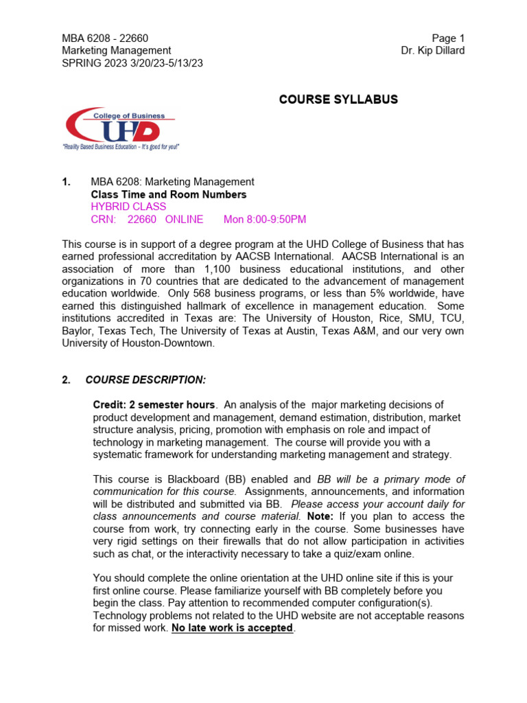 UHD 6208 Syllabus MBA Spring 2023 22660 | PDF | Academic Dishonesty ...