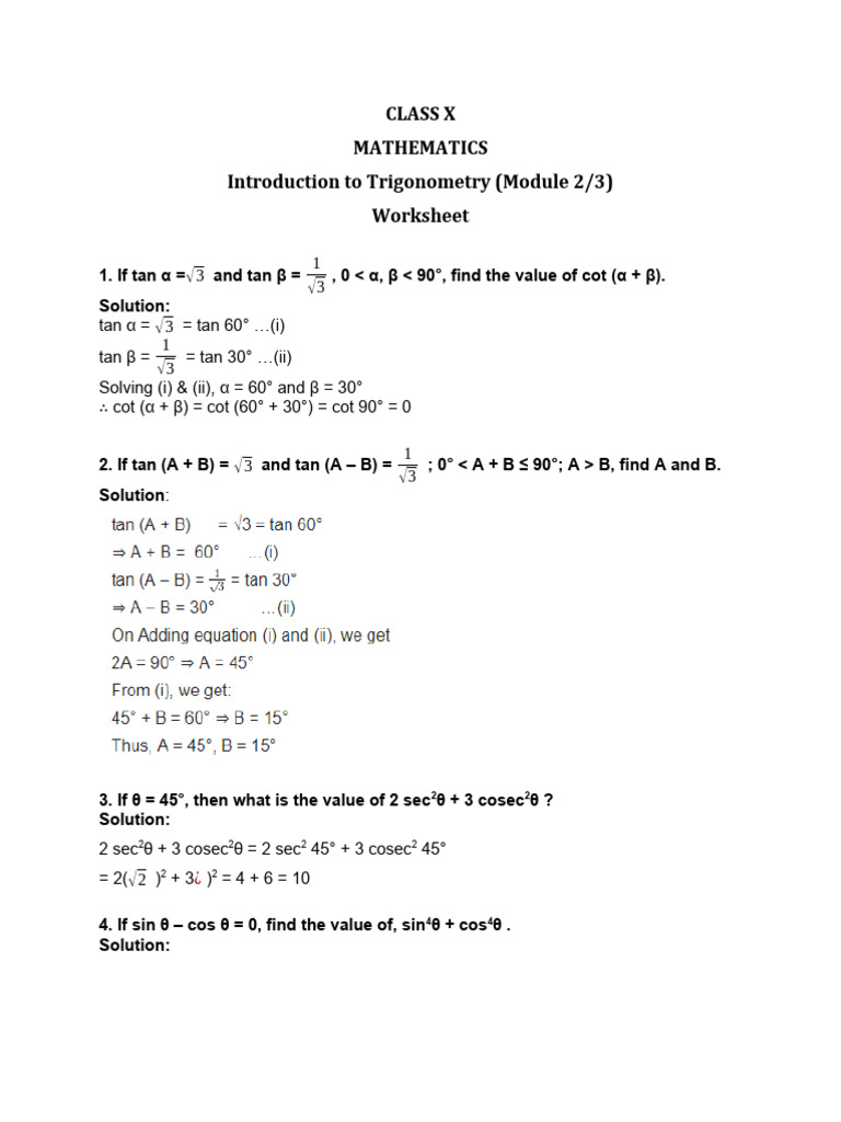 Class 10 Trigonometry Worksheet | PDF