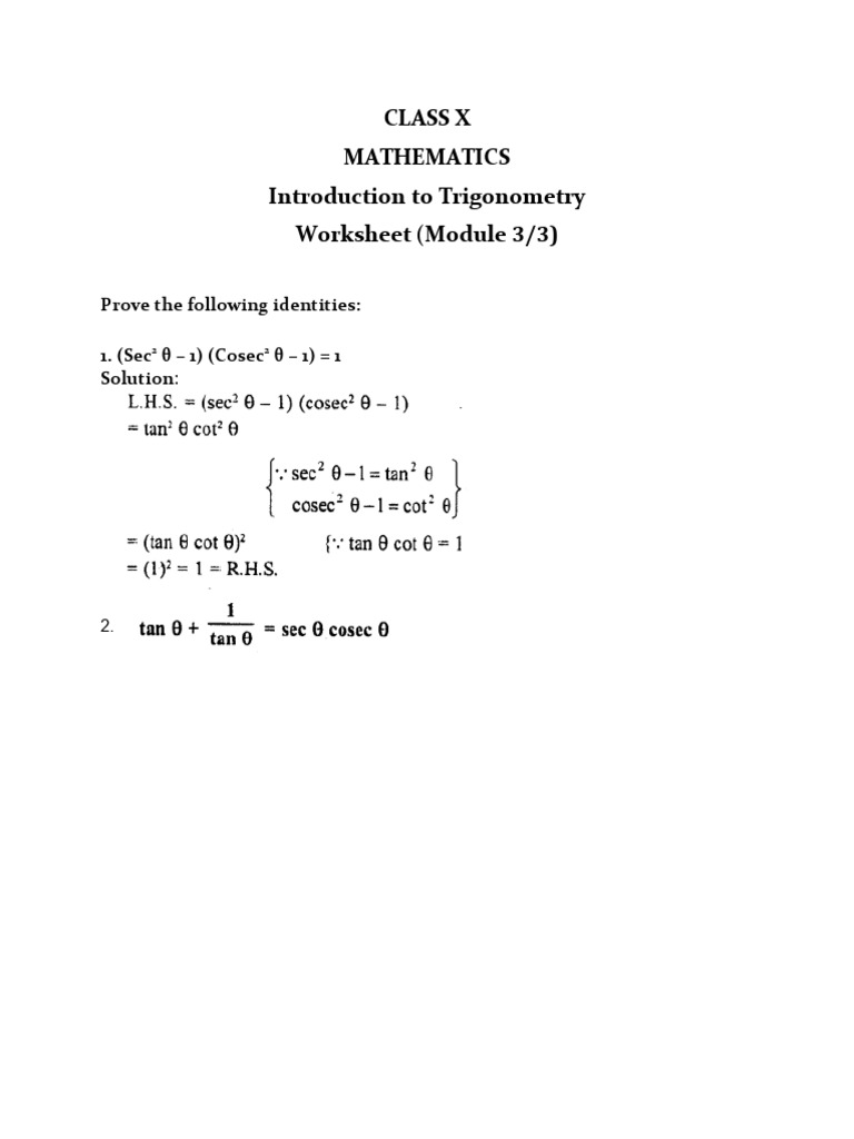 Class 10 Maths Worksheet Intro To Trigonometry Module 3 By 3 Pdf