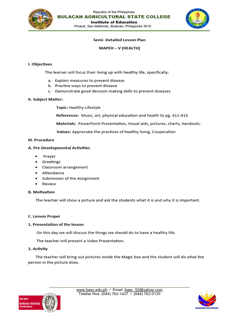 Healthy Lifestyle Lesson Plan for MAPEH V | PDF | Lesson Plan ...