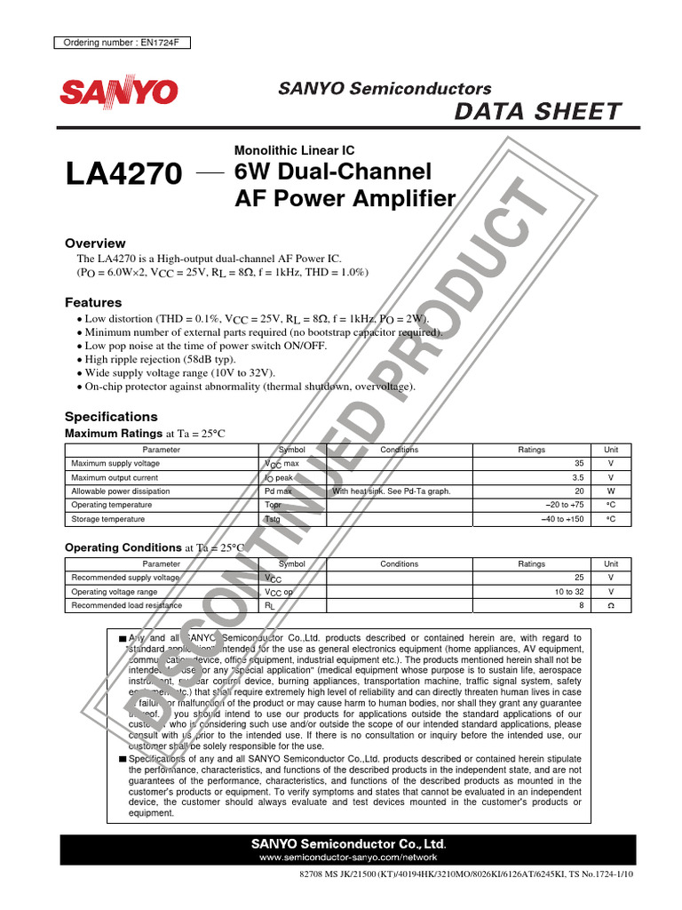 LA4270 Sanyo | PDF | Capacitor | Amplifier