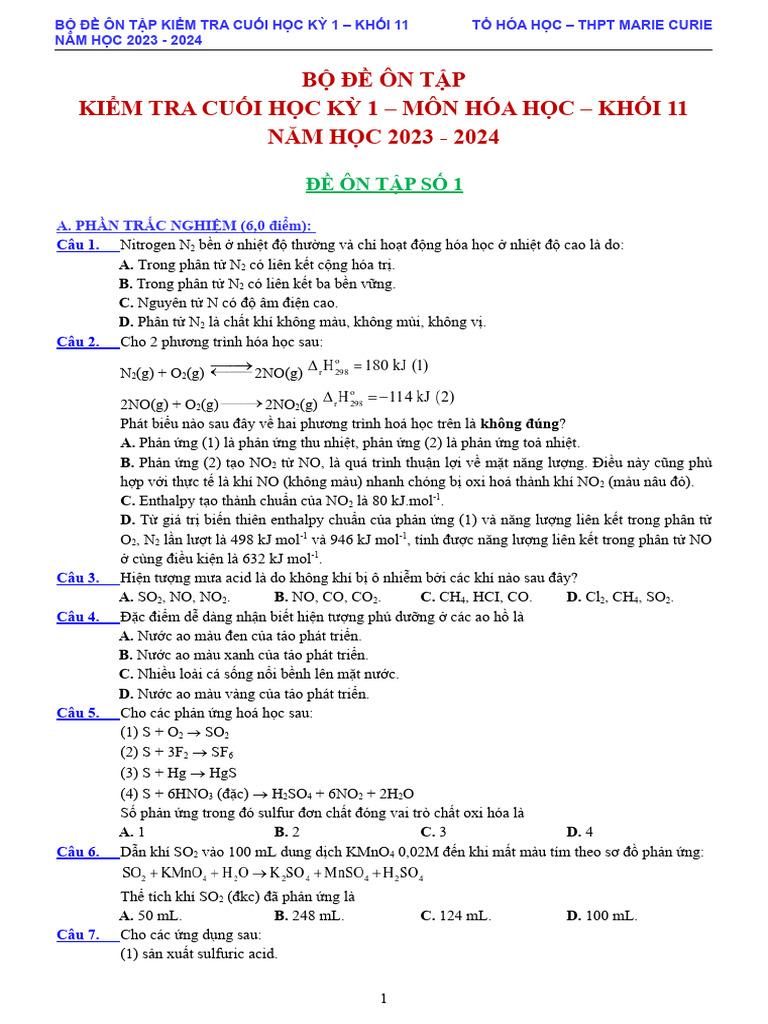ĐỀ ÔN TẬP KT CUOI HK1 HÓA 11 HS | PDF